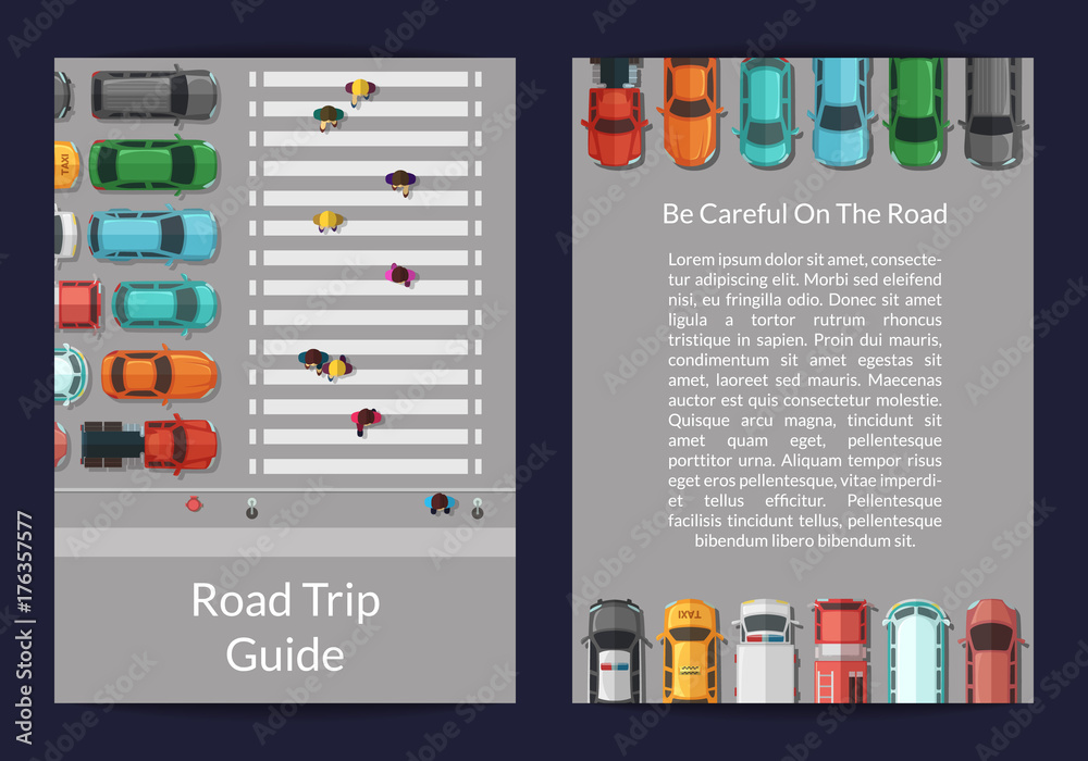 Vector cars on the road with walking people on pedestrian zone top view ...