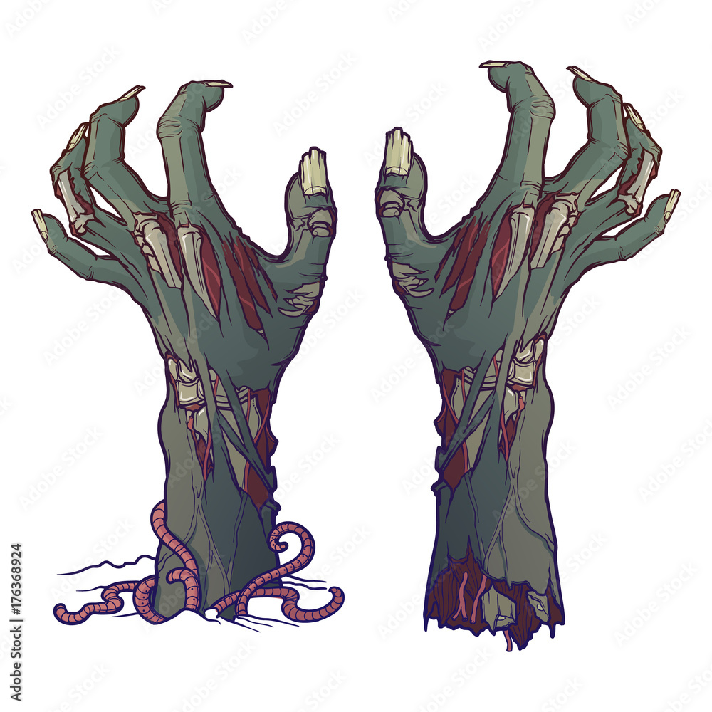 Pair of zombie hands rising from the ground and torn apart. lifelike ...