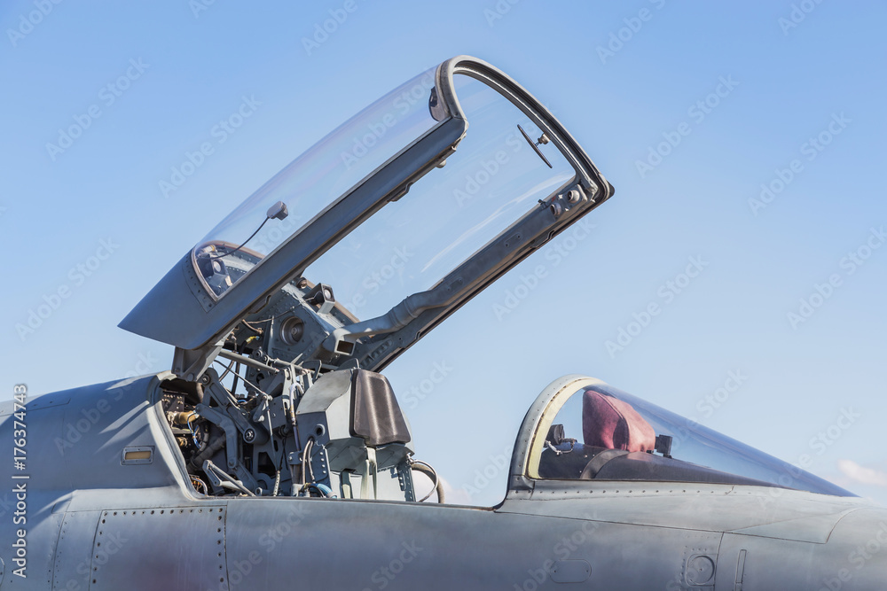 Close up part of cockpit of fighter jet military aircraft with ejection ...