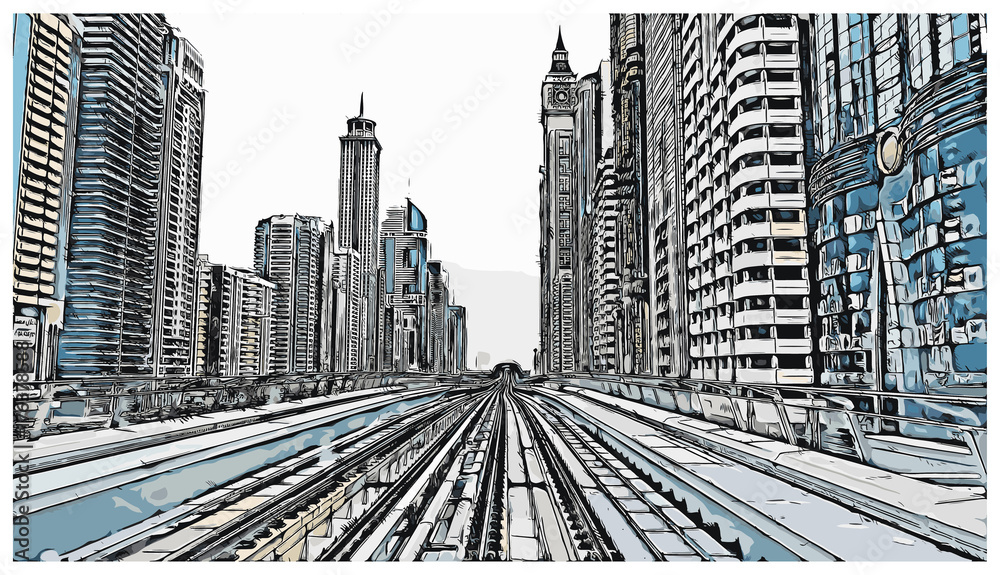 Vector illustration with sketch of Dubai Metro Rail track of Dubai UAE ...