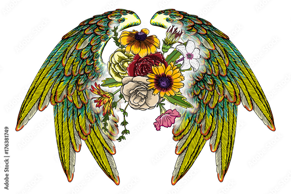 Rose and flowers with angel or bird wings. Vintage floral. Highly ...