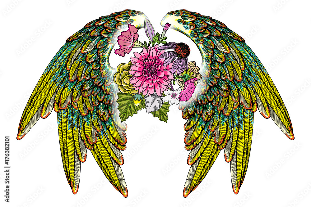 Ornate fashioned wings and elegant vintage flower bouquet, isolated ...