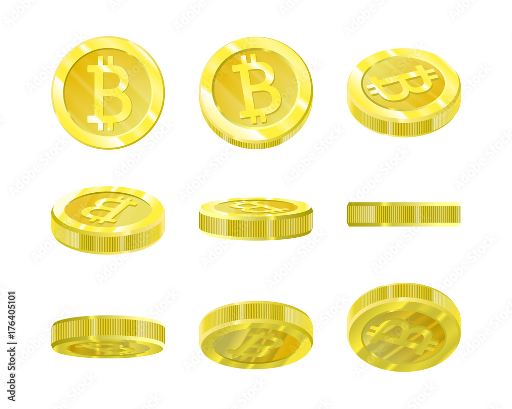 Bitcoins, gold 3d coin from different angles for animation of isolation ...