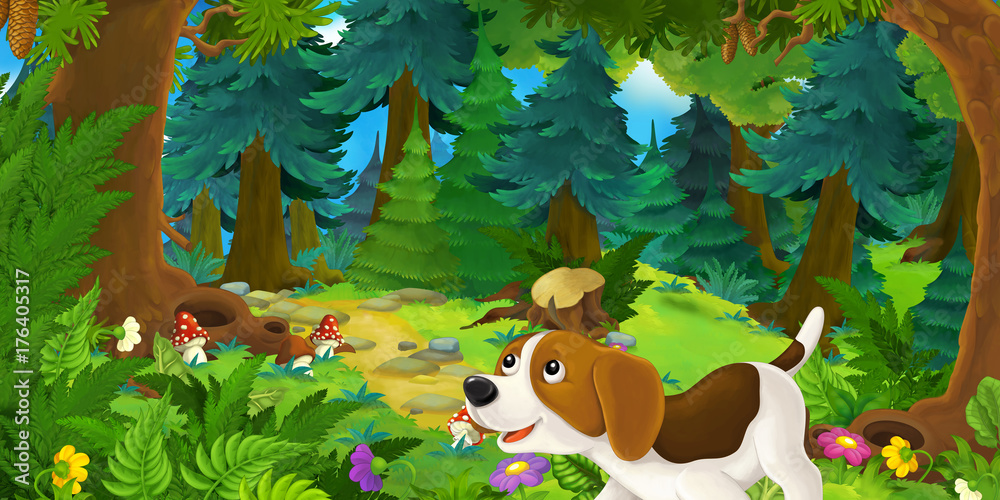 Cartoon background of a dog in the forest - illustration for children ...