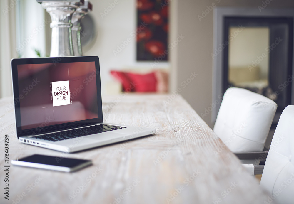 Laptop and Smartphone on Wooden Table Mockup 3 Stock Template | Adobe Stock