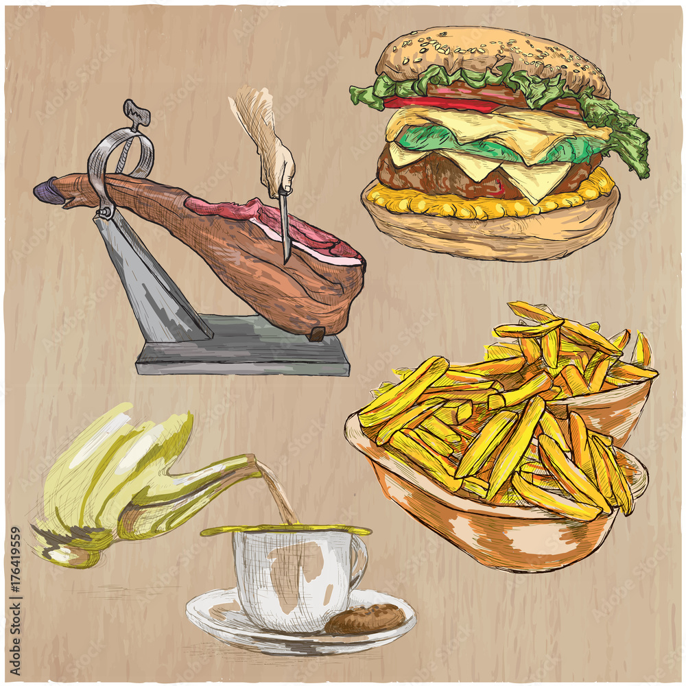 Food. Freehands, hand drawn vector collection. Line art technique ...