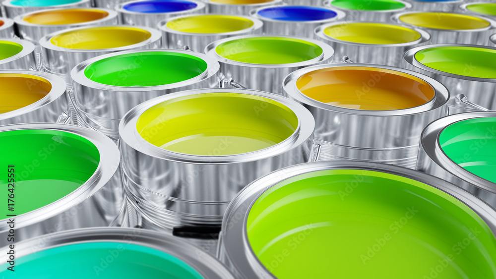 Colurful paint buckets on white background - 3D Rendering Stock ...