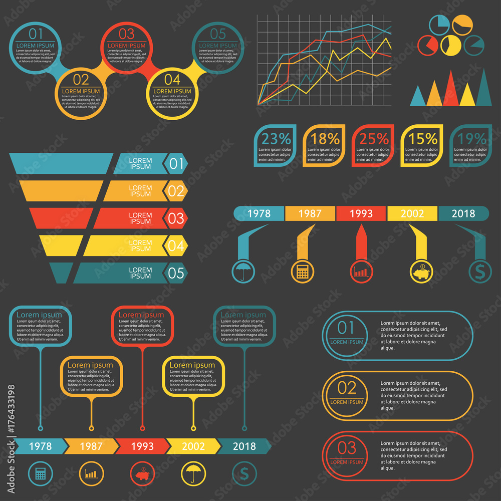 Infographics elements set. Funnel, graph, chart, arrows. Infographics ...