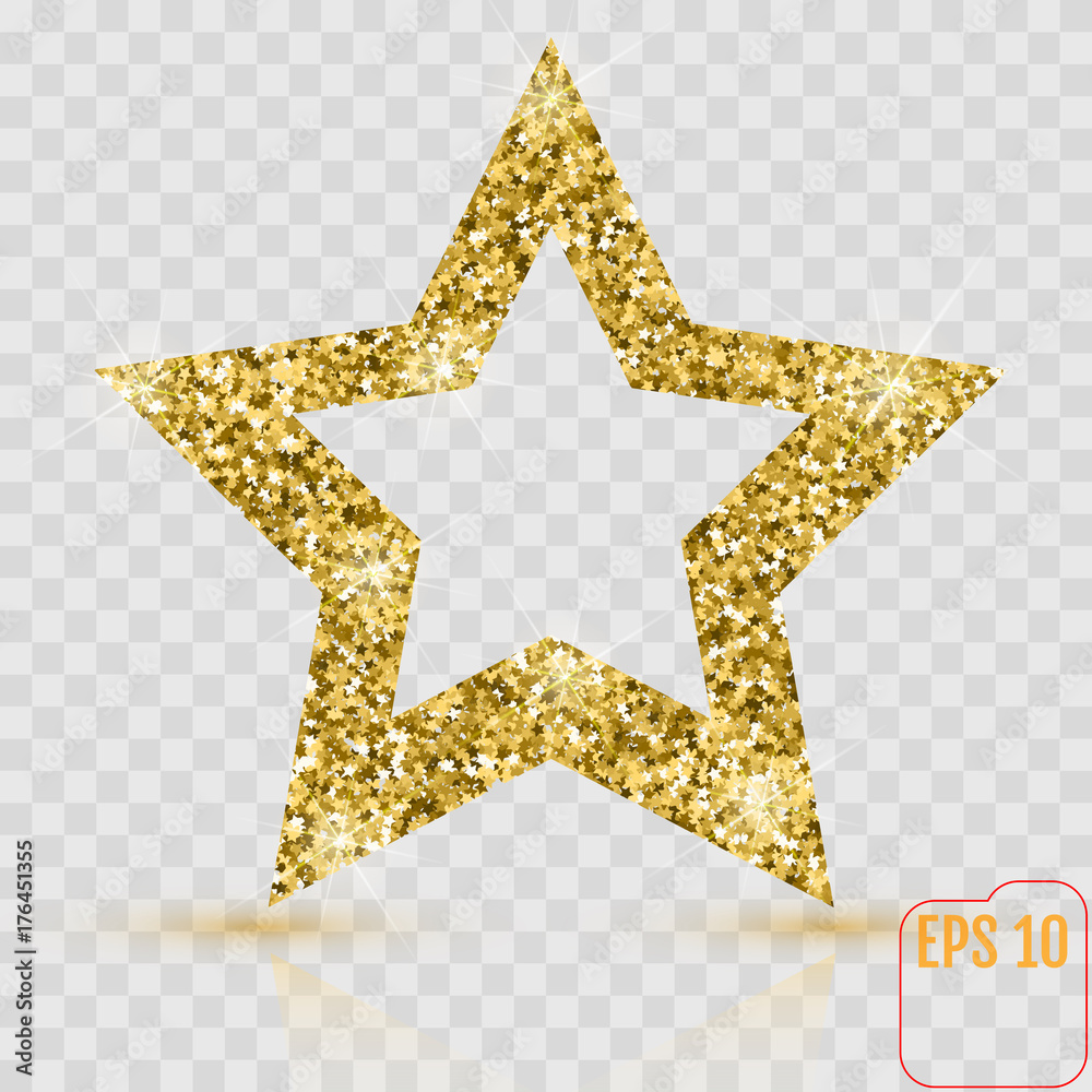 Golden glitter star of many small stars vector banner on white background. Gold template star ...
