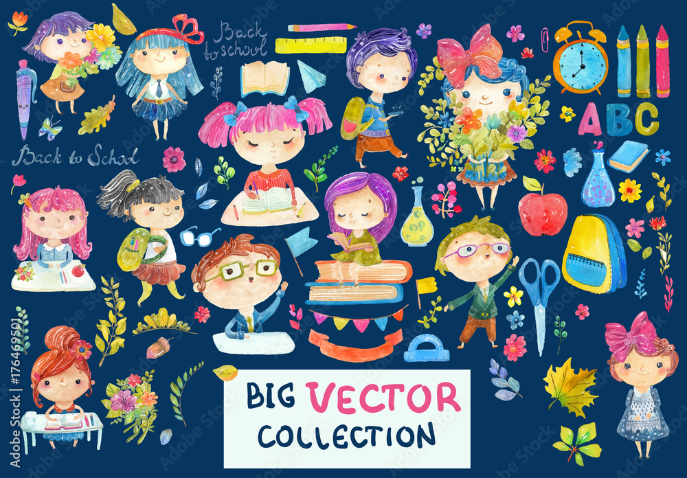 Welcome back to school! Cute watercolor school kids Stock Vector ...