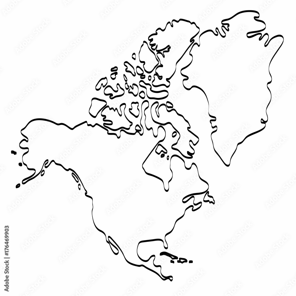 North America map outline graphic freehand drawing on white background ...
