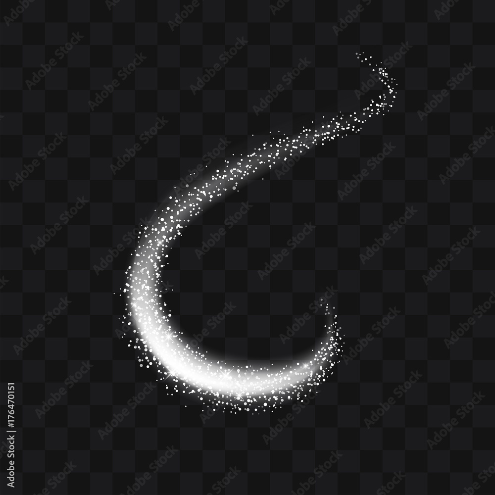 Vector white glitter trail particles background effect for luxury greeting rich card. Sparkling ...
