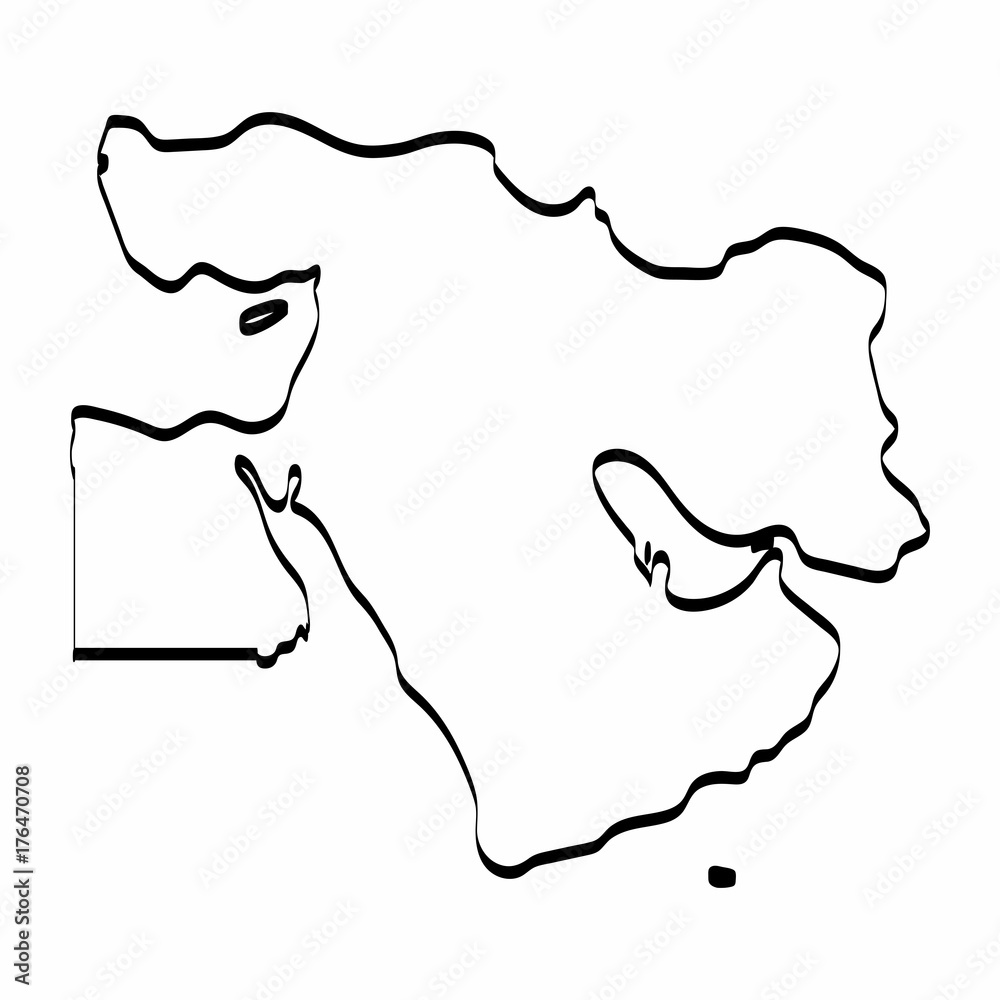 Middle East map outline graphic freehand drawing on white background ...