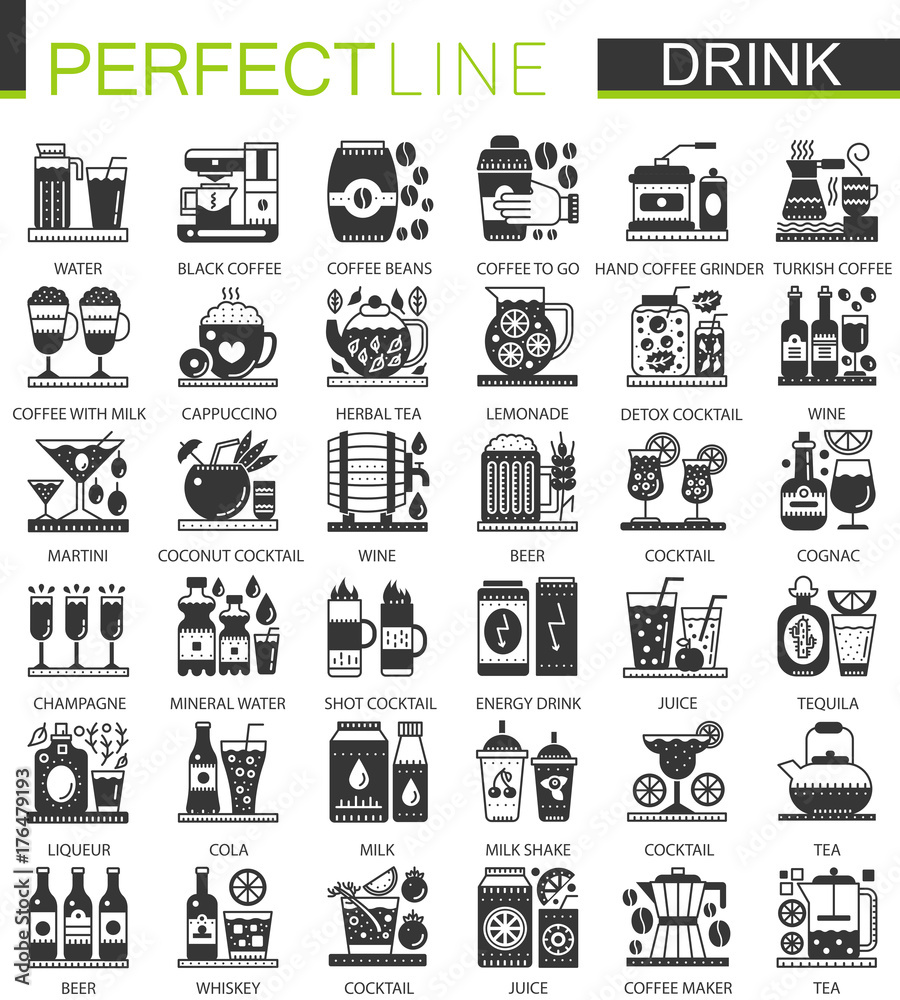 Drinks and beverages classic black mini concept symbols. Vector drink ...