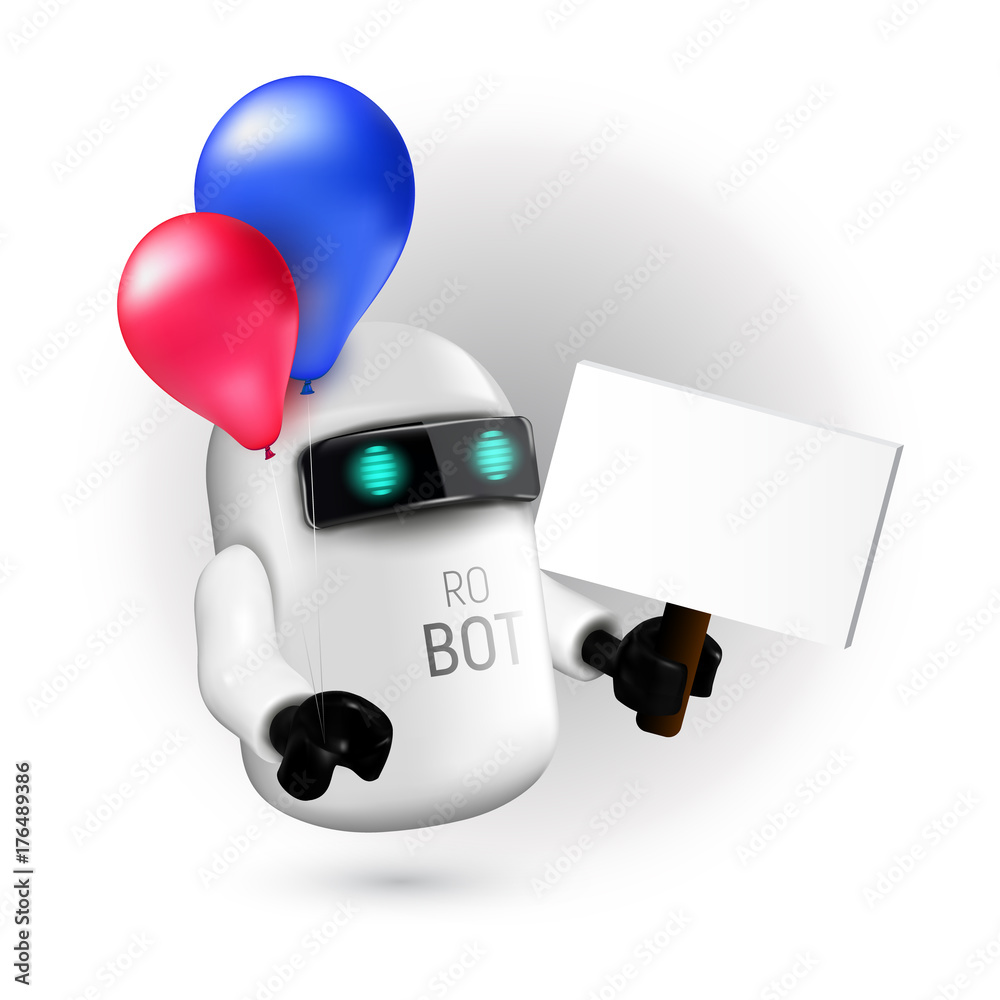 Cute flying robot with red and blue balloons holding a sign without ...