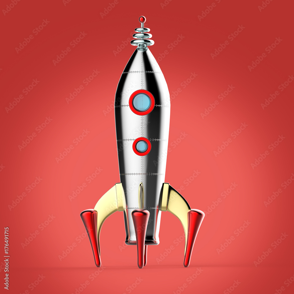 vintage colorful rocket spaceship with riveted body and two windows ...