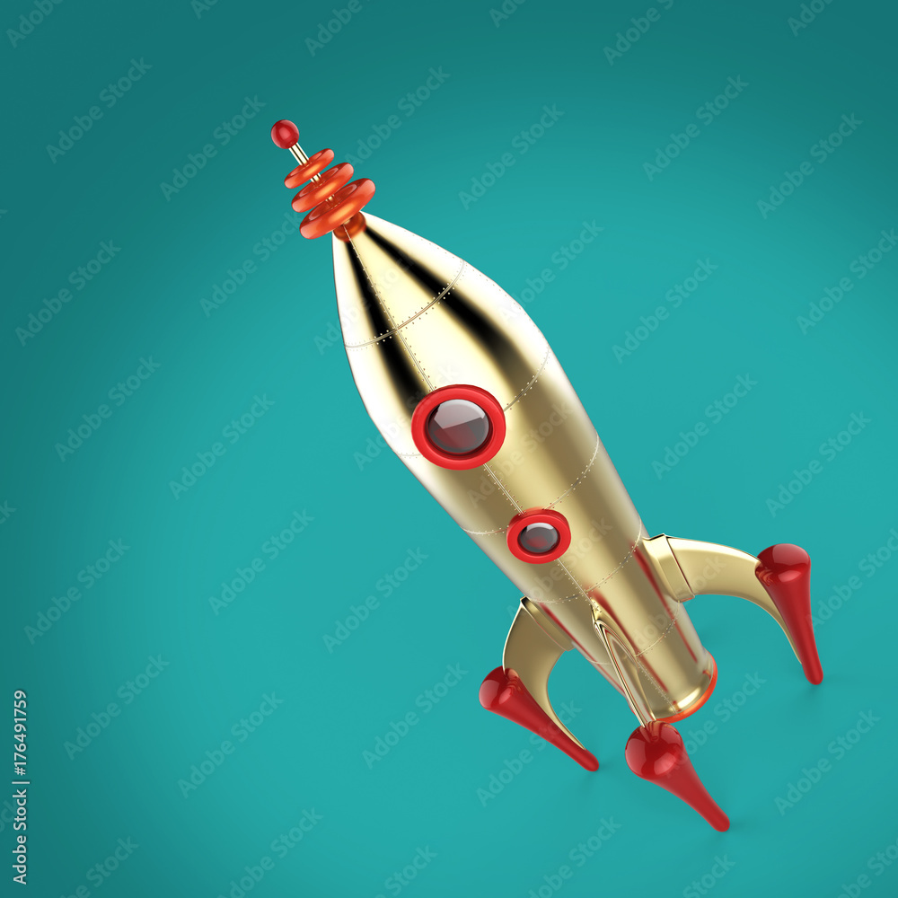 vintage colorful rocket spaceship with riveted body and two windows ...