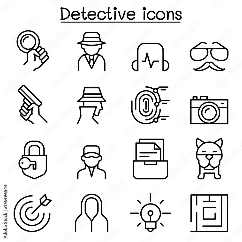 Detective icon set in thin line style Stock Vector | Adobe Stock