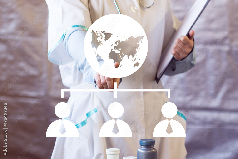 Doctor pushing button map medical virtual healthcare in network. Stock ...