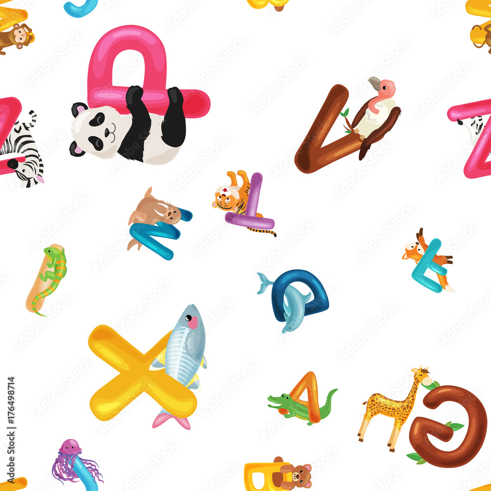 Animals alphabet background, Set of cartoon English type letters with ...