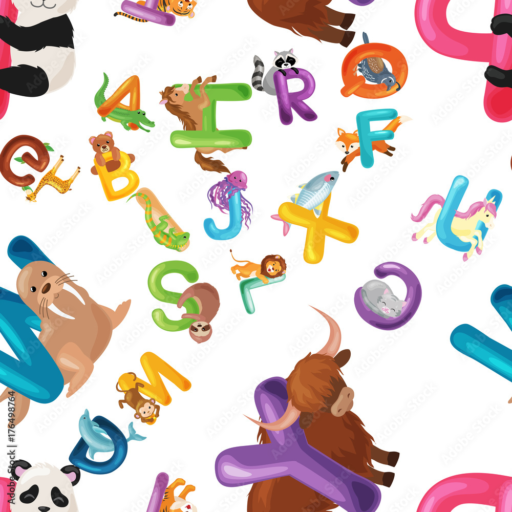 Animals alphabet background, Set of cartoon English type letters with ...