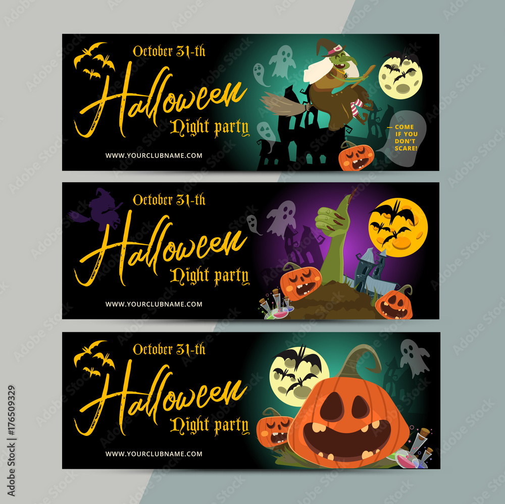 Vecteur Stock Happy Halloween party ticket template design. All hallow ...