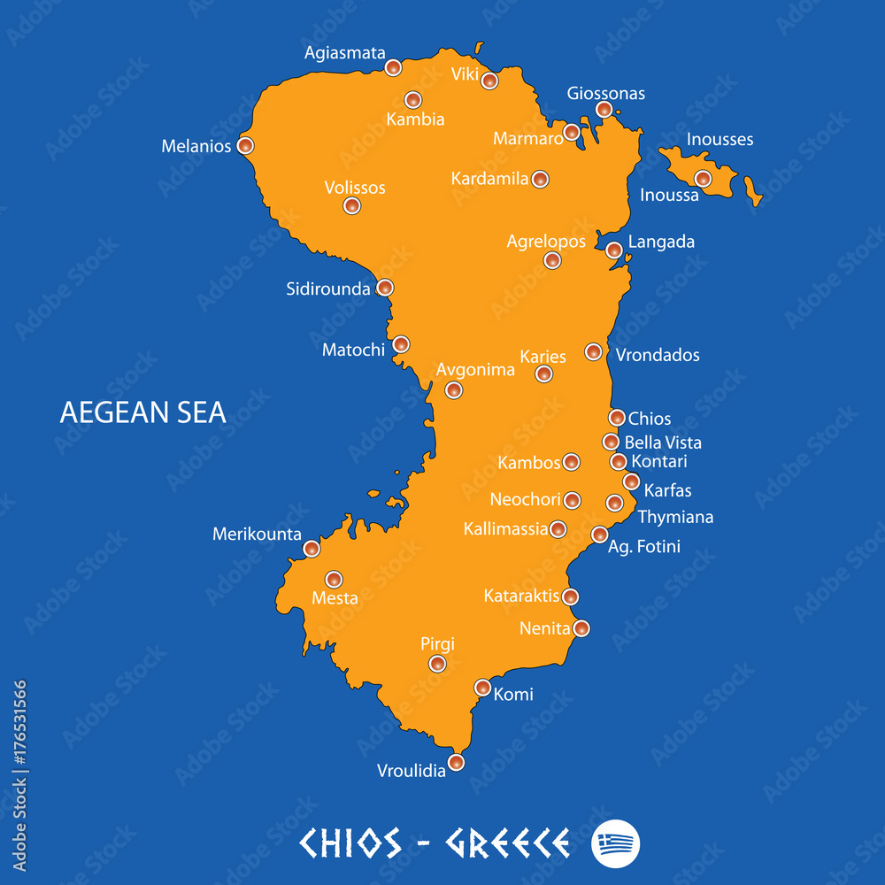 Island of chios in Greece orange map and blue background Stock Vector ...