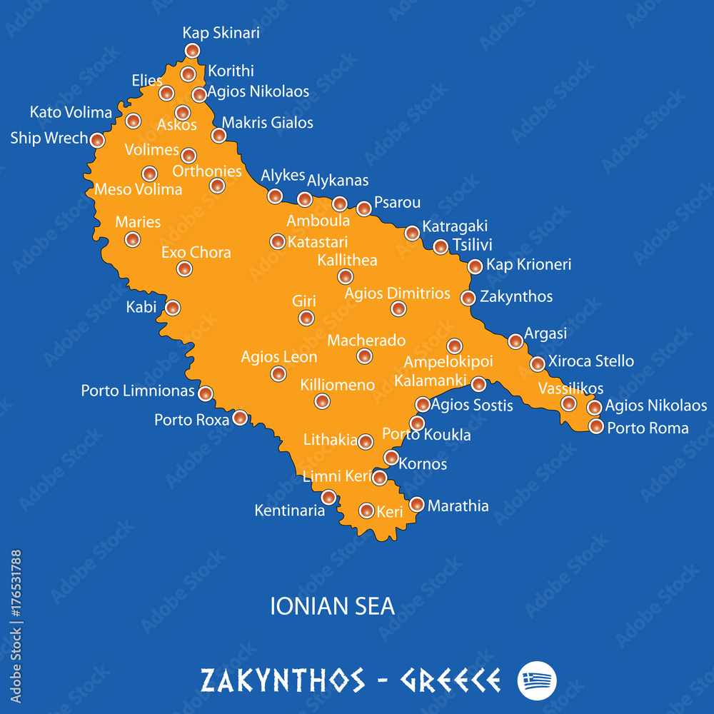 Island of zakynthos in Greece orange map and blue background Stock ...