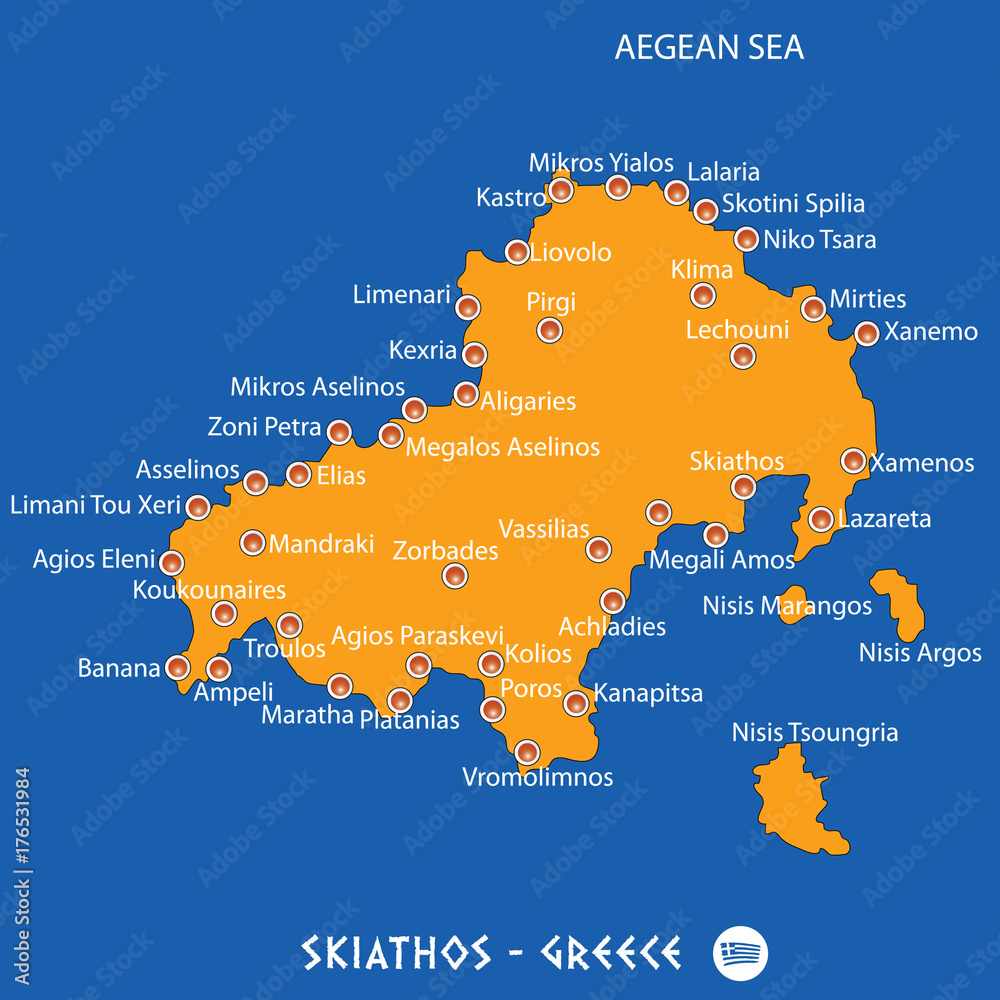 Island of skiathos in Greece orange map and blue background Stock ...