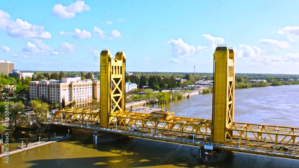 Cinematic aerial of Tower bridge in Sacramento downtown, capital of ...
