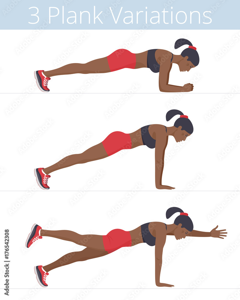 Beautiful black young women are doing the plank exercises. Flat ...