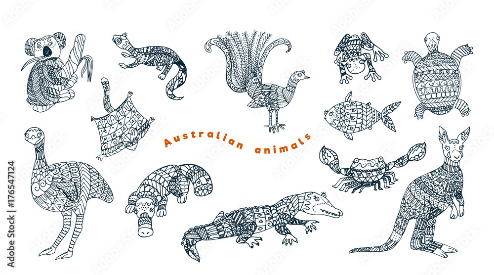 Stylized australian animals collection. Tribal animals from Australia ...