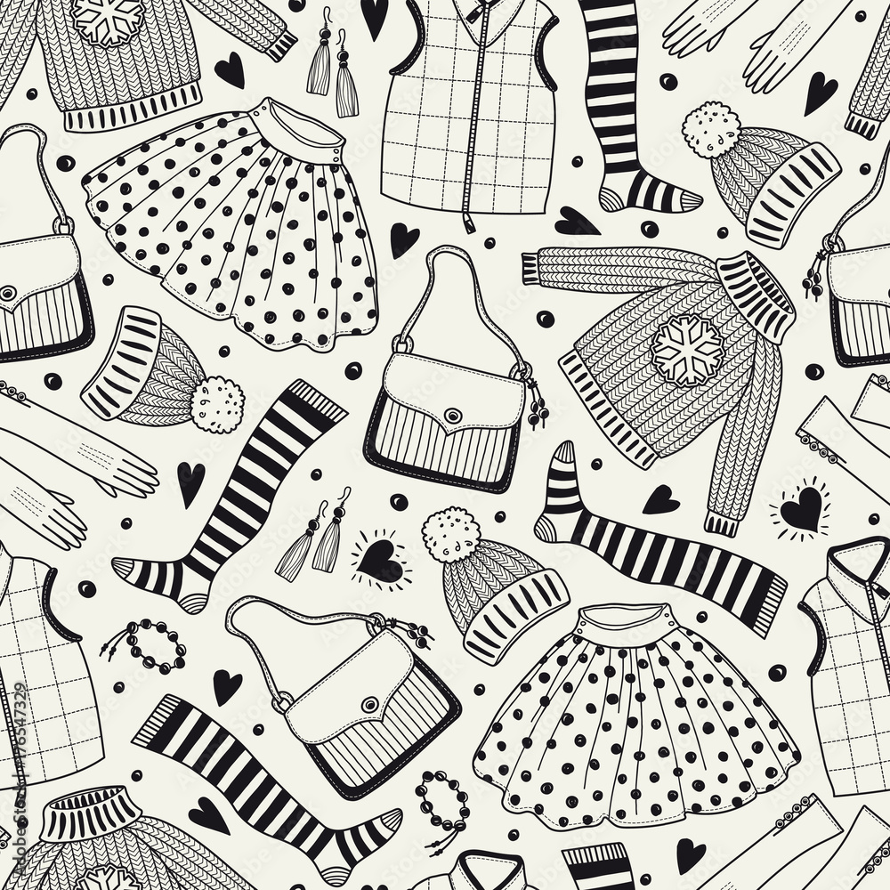 Seamless pattern with women's clothing and accessories. Can be used on ...