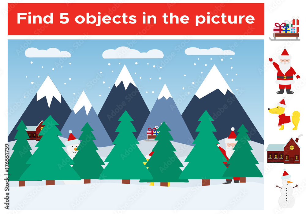 Find 5 objects in the Christmas picture. Winter landscape. Visual game ...