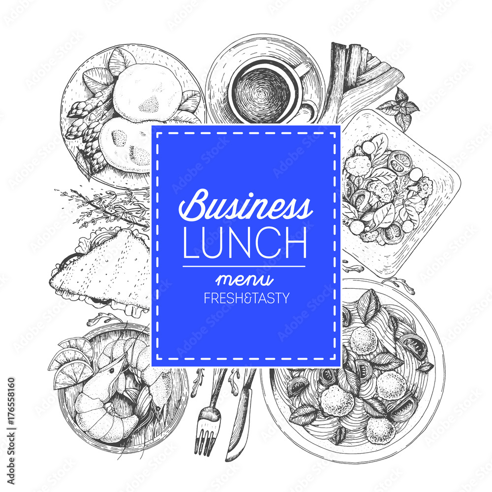 Business lunch label design. Food menu hand drawn elements. Vintage ...