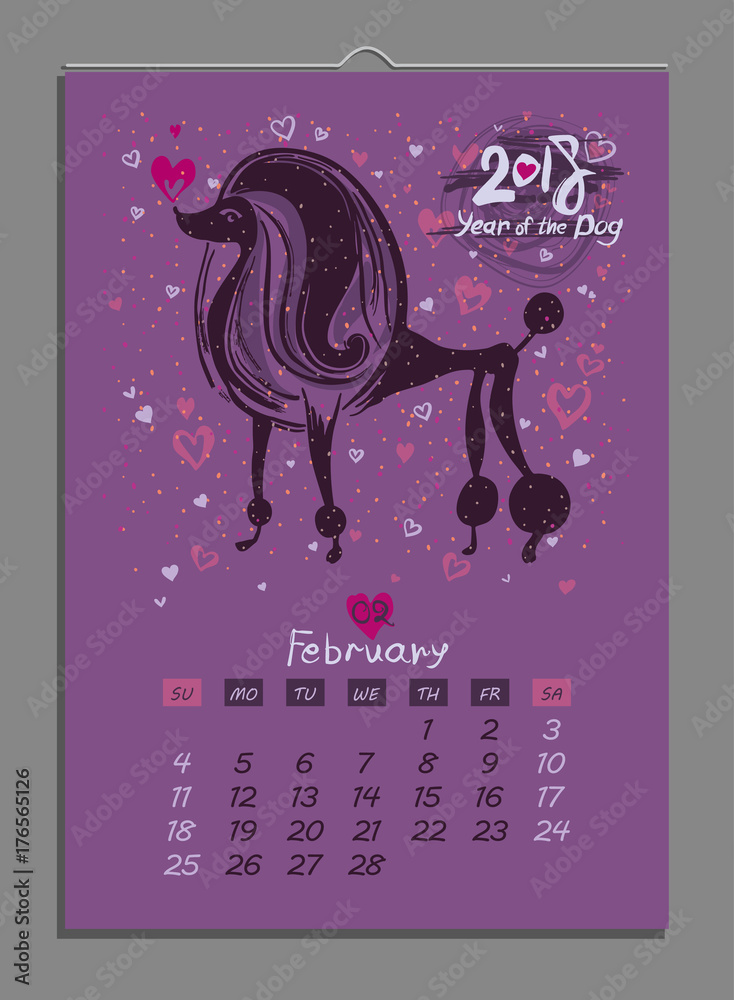 Vector calendar for February 2018. Year of the Dog. Hand drawn ...