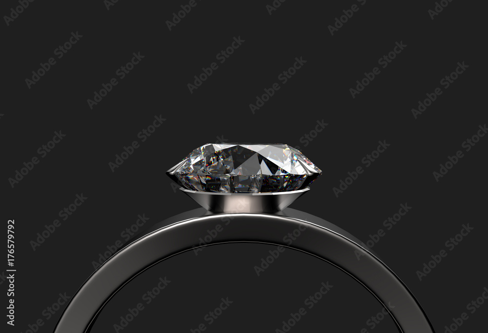 3d rendering. front view of luxury diamond ring on dark gray background ...