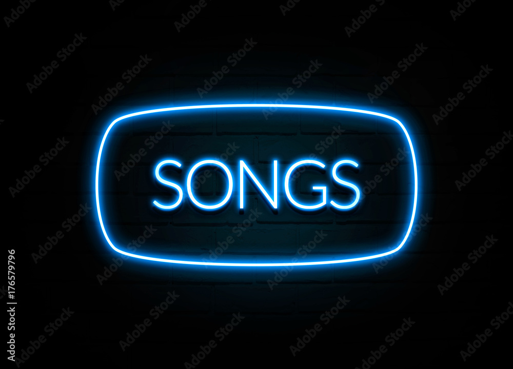 Songs - colorful Neon Sign on brickwall Stock Illustration | Adobe Stock