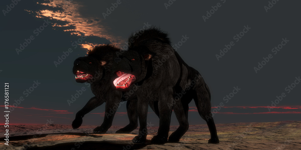 ภาพประกอบสต็อก Two Hellhounds - Supernatural creatures of folklore and ...