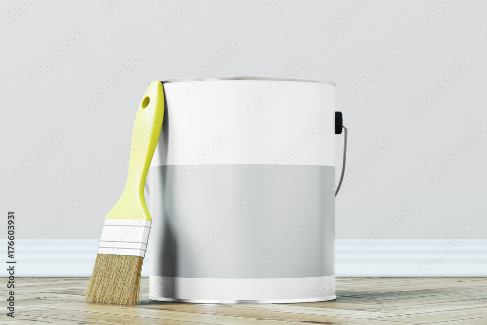 Gray paint bucket and a brush Stock Photo | Adobe Stock