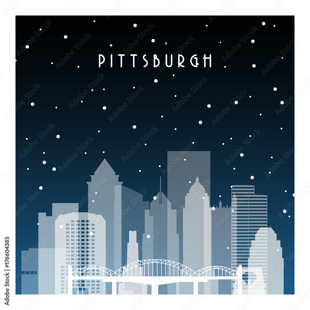 Winter night in Pittsburgh. Night city in flat style for banner, poster ...