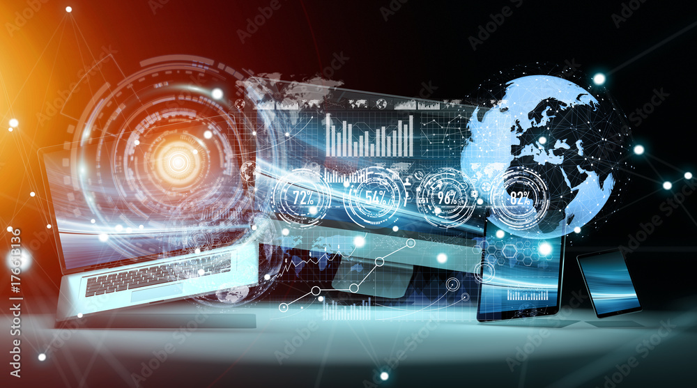 Hologram interface in front of modern devices 3D rendering Stock Photo ...