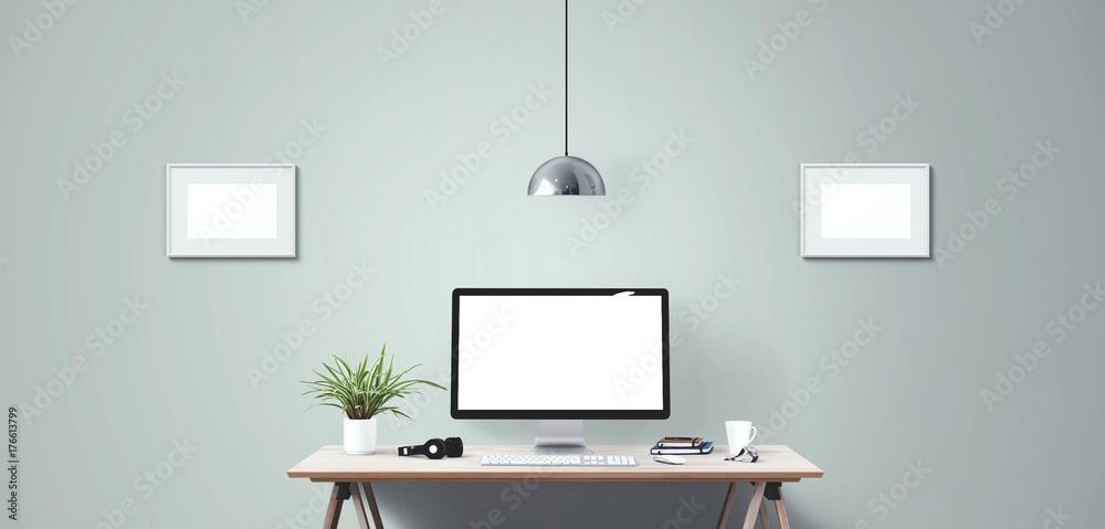 Computer display and office tools on desk. Desktop computer screen ...