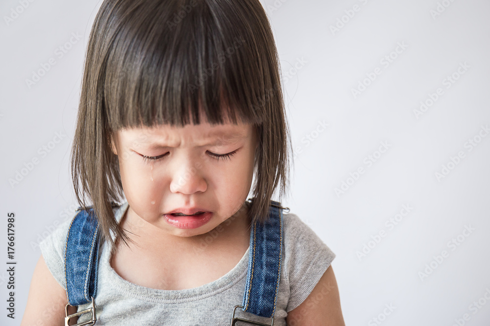 Portrait of little asian crying girl with little rolling tears weeping ...