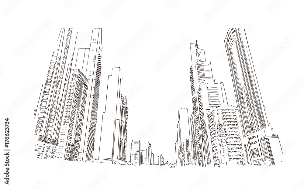 Sketch of Sheikh Zayed Road Dubai UAE in vector illustration. Stock ...