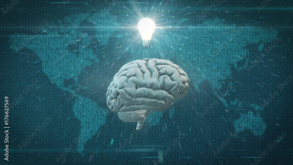 Brain in front of world map with light bulb lens flare suggesting ...