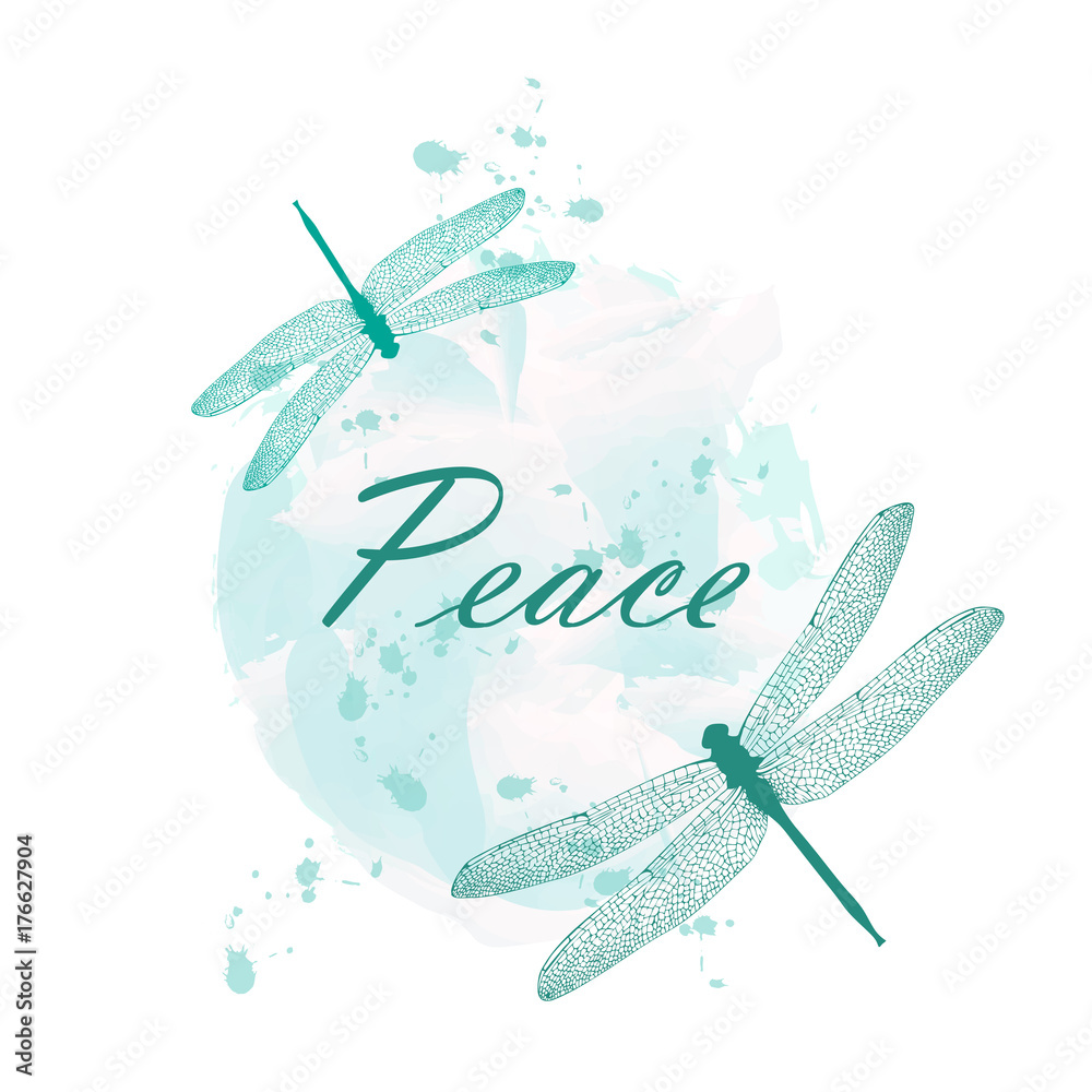 Watercolor background with dragonflies and lettering Peace. Peace ...