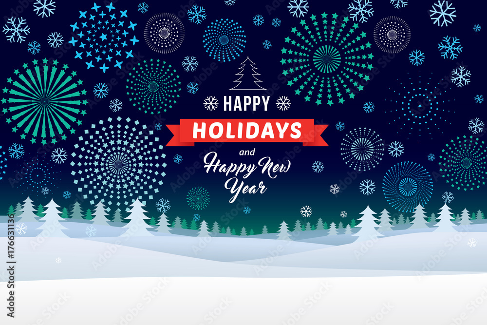 Happy holidays and Happy New Year on winter landscape with snowflakes ...