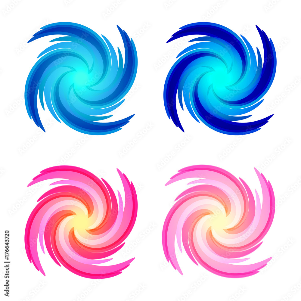 Set of elegant bright swirls in shades of blue and pink, saturated ...
