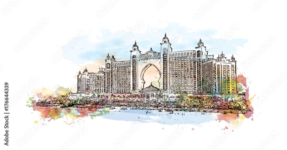 Watercolor splash with hand drawn sketch of Atlantis Hotel Dubai UAE in ...